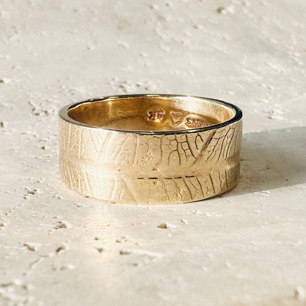 Handmade Leaf Imprint Wide Ring ~ 9ct Yellow Gold– Sargisons Jewellers